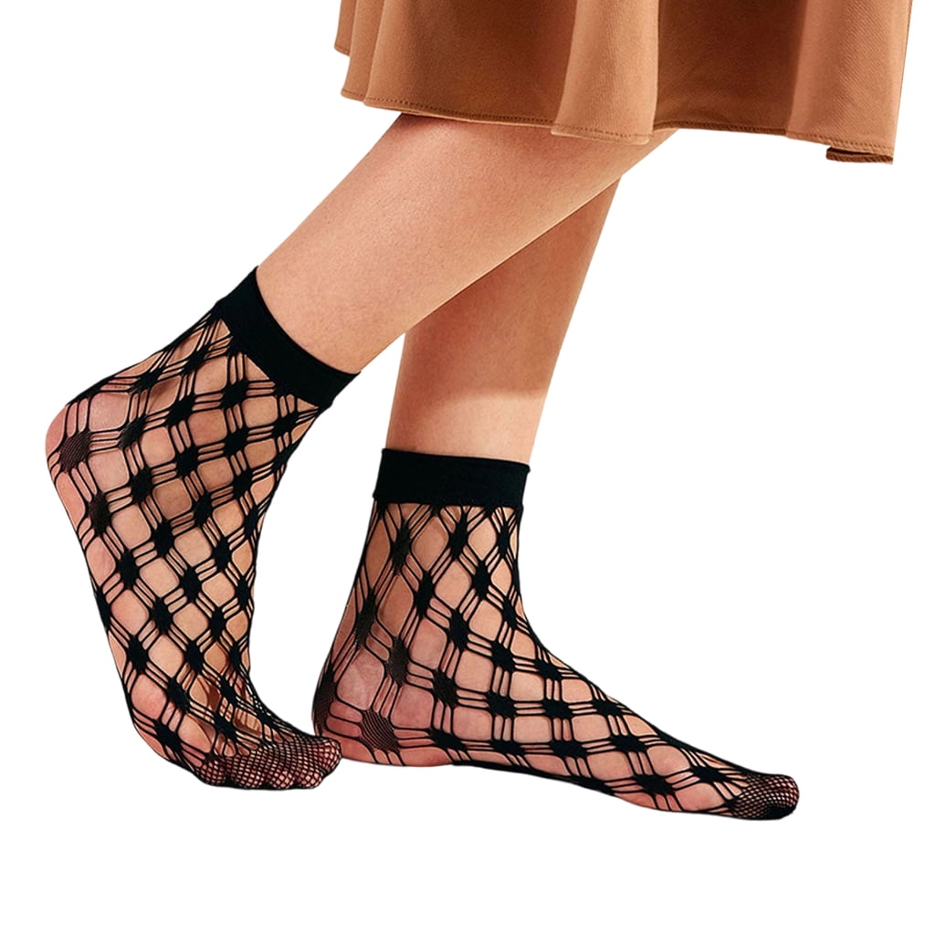 KCAHPAN Women's Rhombus Pattern Fishnet Mesh Ankle Socks Elegant Ruffle ...