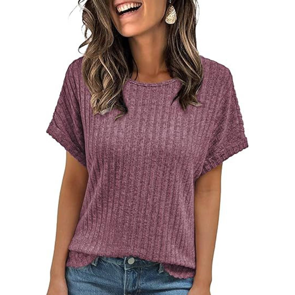 KCAHPAN Womens Short Sleeve Sweaters Tops Ribbed Knit Crewneck Summer ...