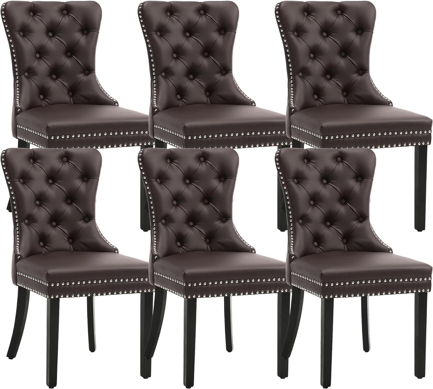 KCC Faux Leather Dining Chairs Set of 6, Upholstered Tufted, Nailhead ...