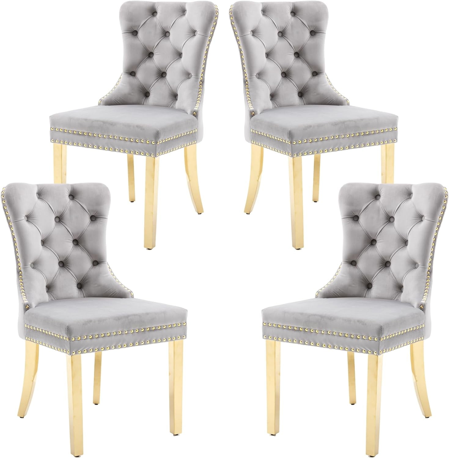 KCC Velvet Tufted Dining Chairs Set of 4, Nailhead Back Ring Pull ...