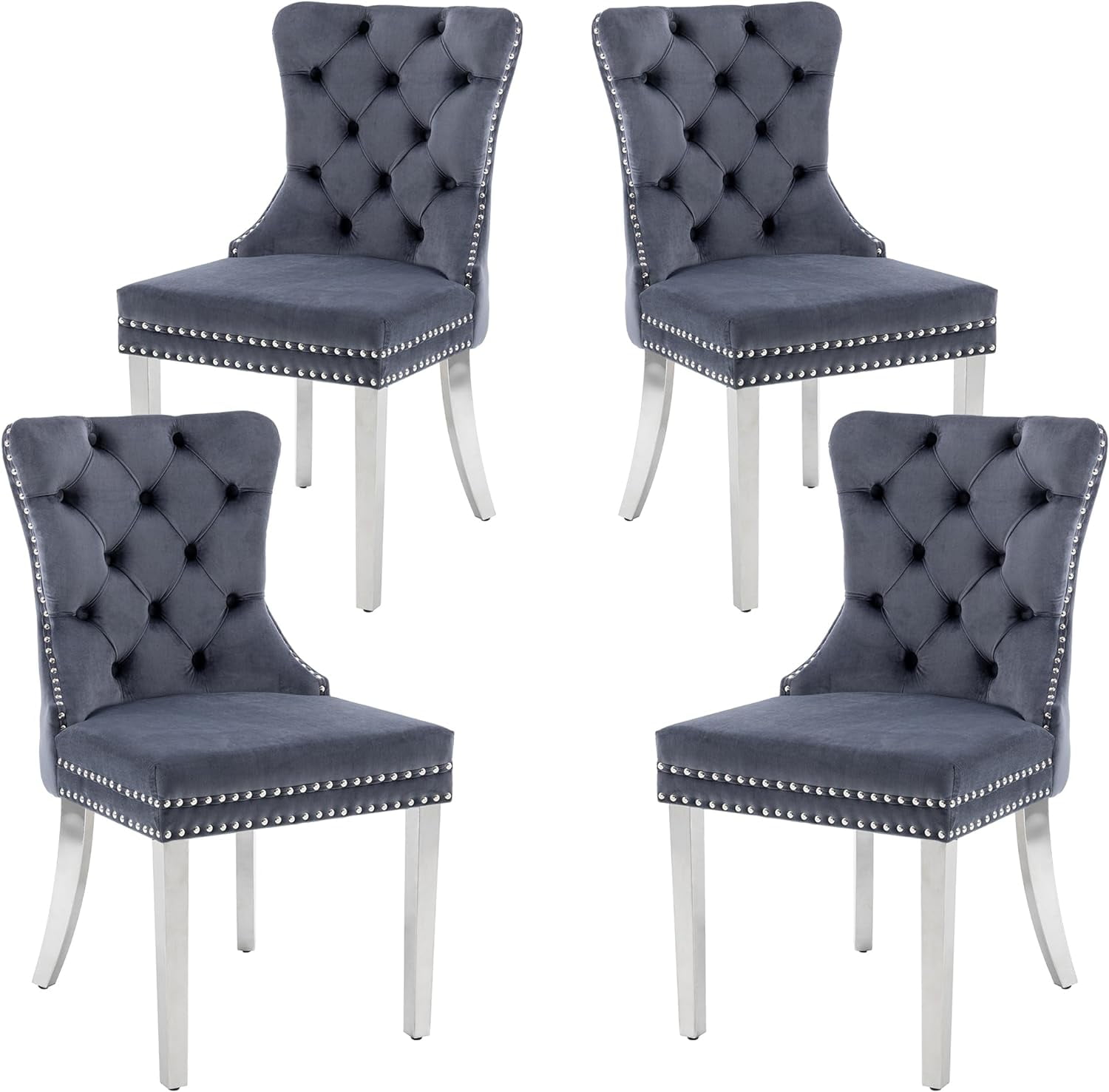 KCC Velvet Dining Chairs Set of 4, Upholstered Tufted with Nailhead ...