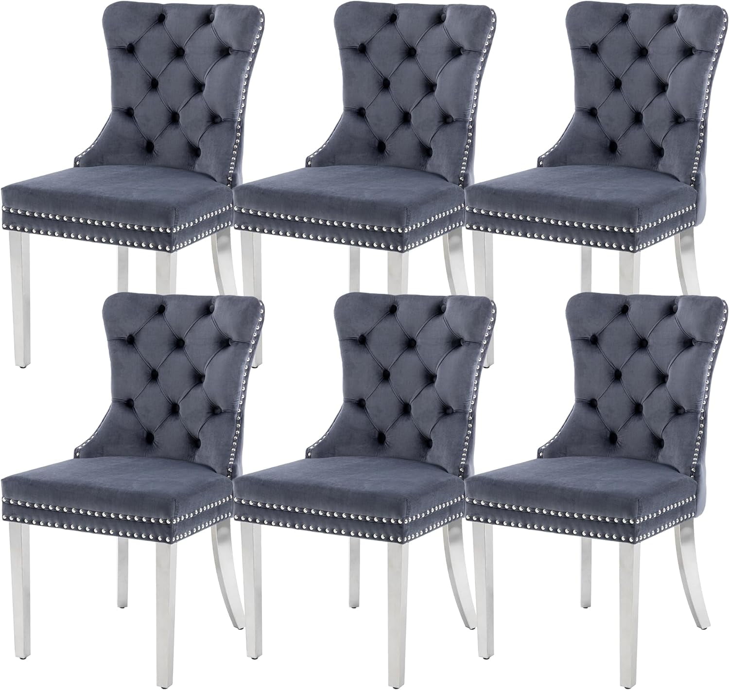 KCC Set of 6 Velvet Upholstered Dining Chairs, Stainless Steel Legs ...