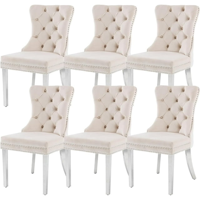 KCC Velvet Upholstered Dining Chairs Set of 6, Tufted Design, Nailhead Trim, Stainless Steel ...