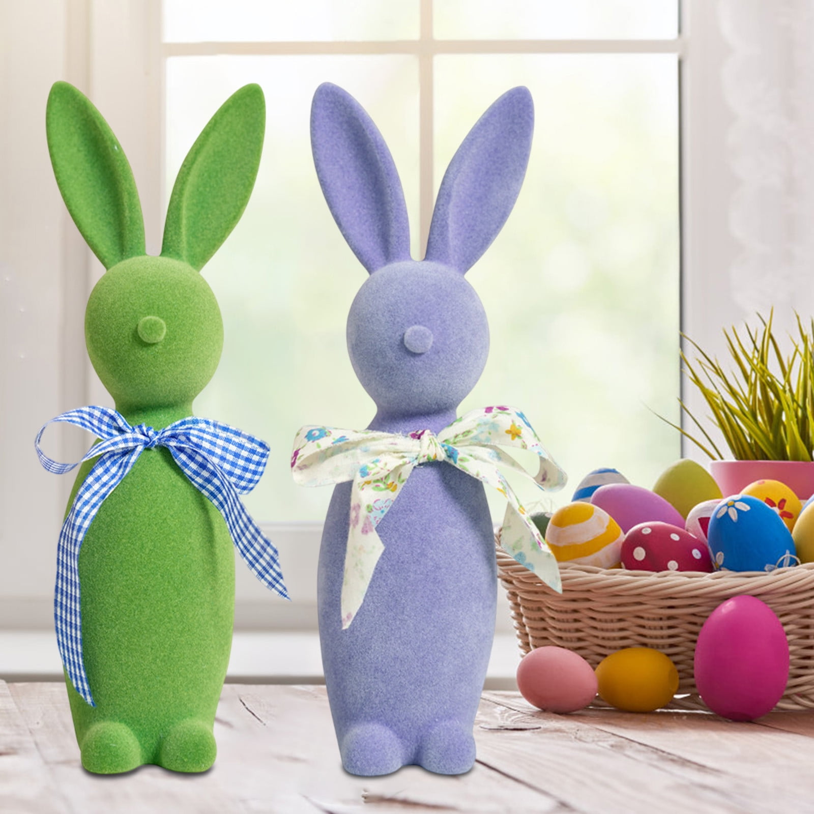 KCEHTA 2 Pcs Easter Ornaments Flocked Bunny Figurines Resin Rabbit ...