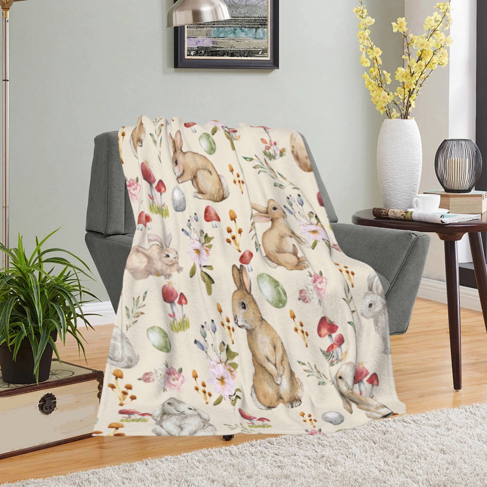 KCEHTA Easter Blanket Spring Floral Bunny Throw Blanket for Couch Bed ...