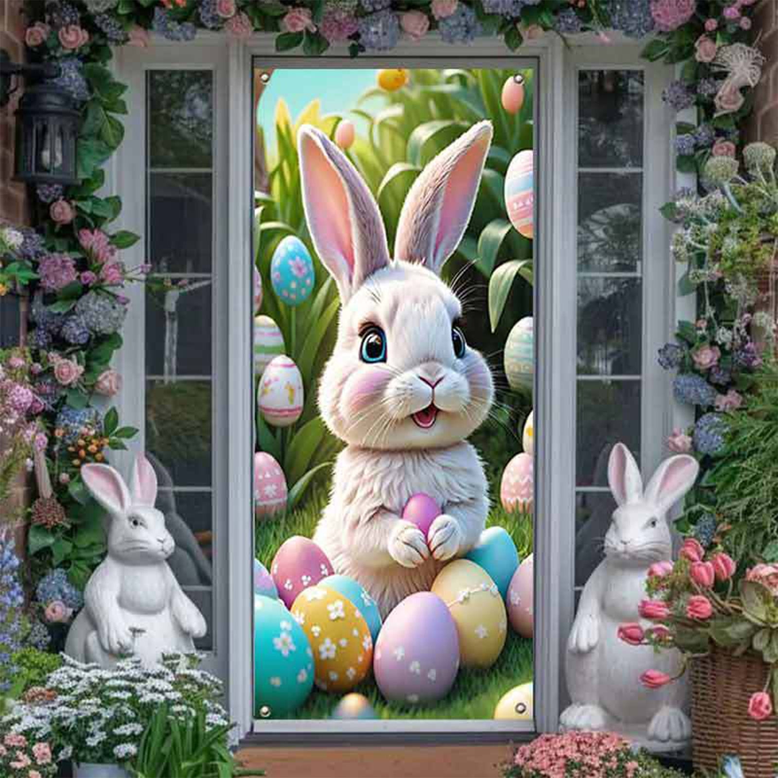 KCEHTA Easter Door Cover Cute Colorful Easter Bunny Egg Door Banner ...