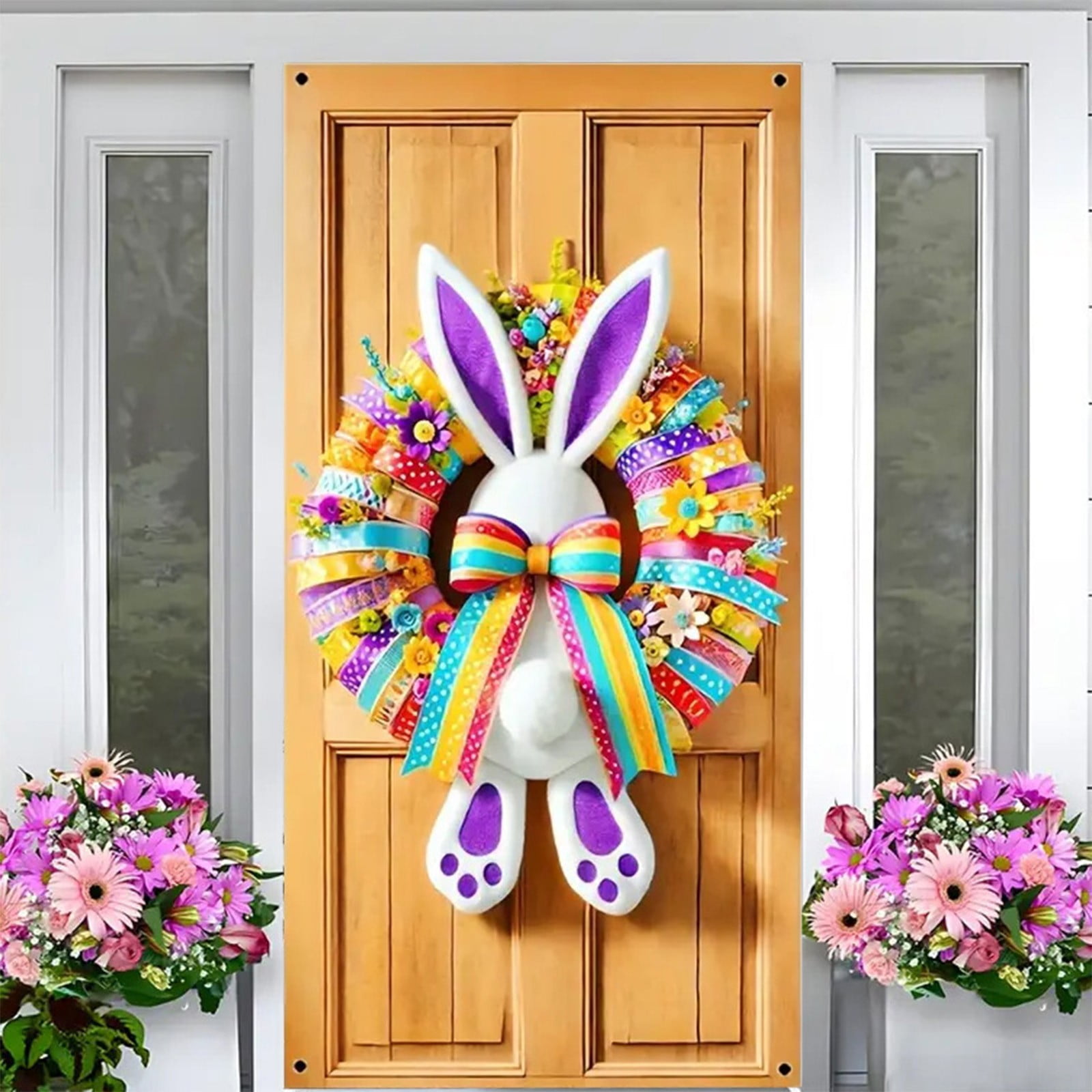 KCEHTA Easter Door Cover Porch Sign Colorful Easter Bunny Door ...