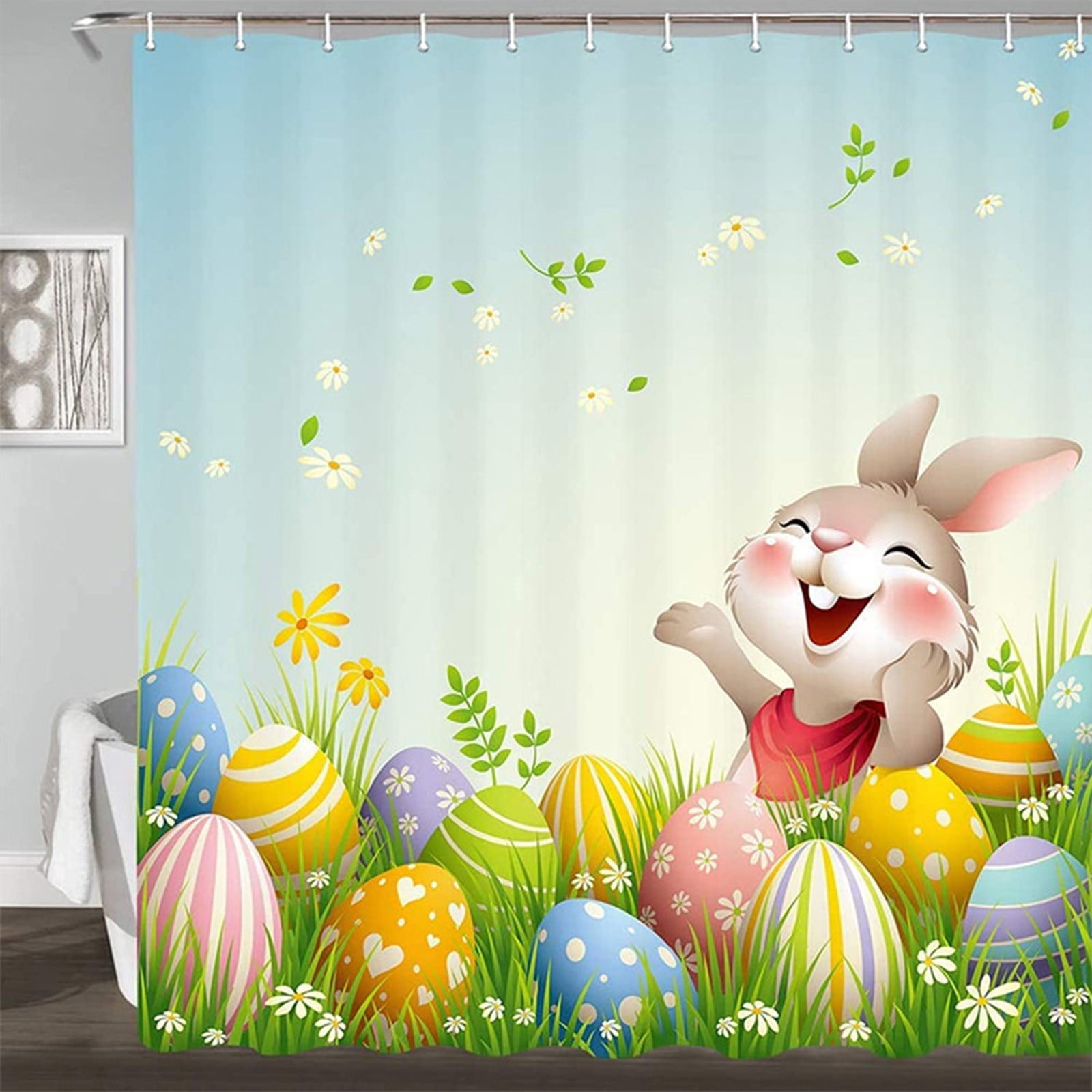KCEHTA Easter Shower Curtain Colorful Bunny Rabbit Spring Floral ...