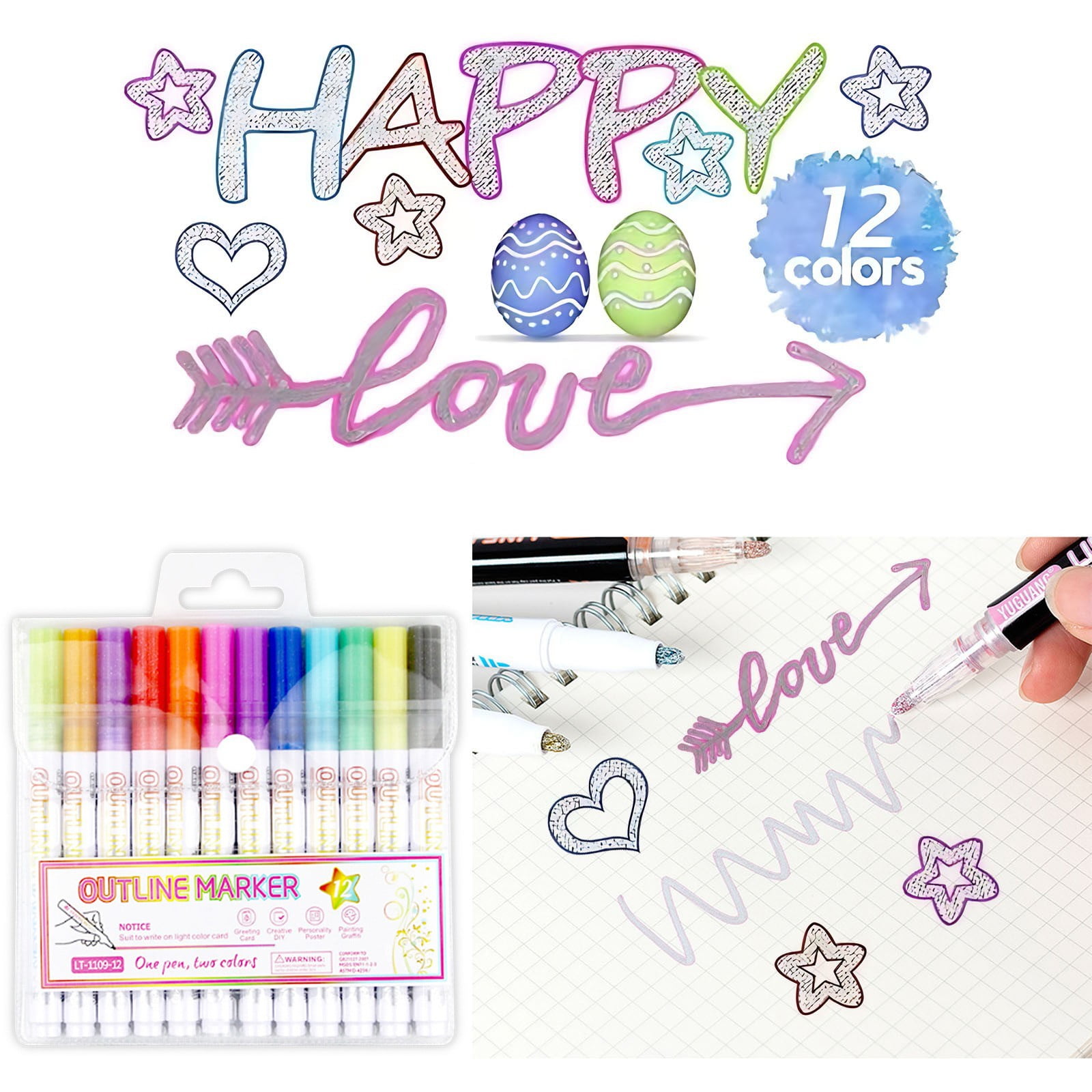 KCGYNP 2024 New Double Line Self-Outline Marker Pen Set-12PCS Glitter ...
