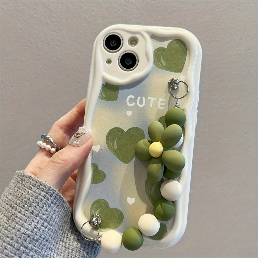 KCKTHDN Cute Green Heart Bead Strap Nature Cream Phone Case for iPhone ...