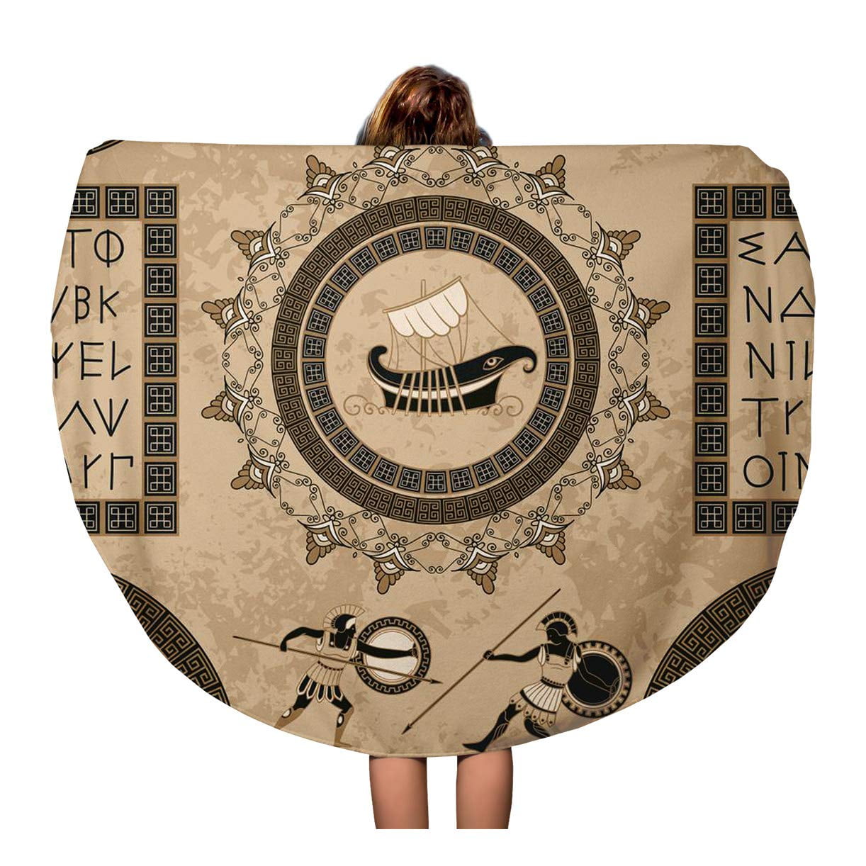 KDAGR 60 inch Round Beach Towel Blanket Ancient Greek Letters Ships ...