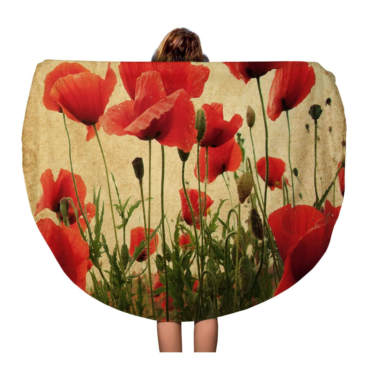 KDAGR 60 inch Round Beach Towel Blanket Red Flower Vintage Field of ...