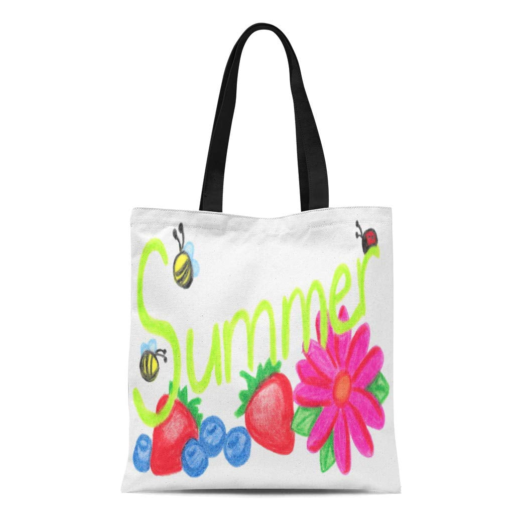 Kdagr Canvas Tote Bag Berries Summer Flowers Bugs Reusable Handbag