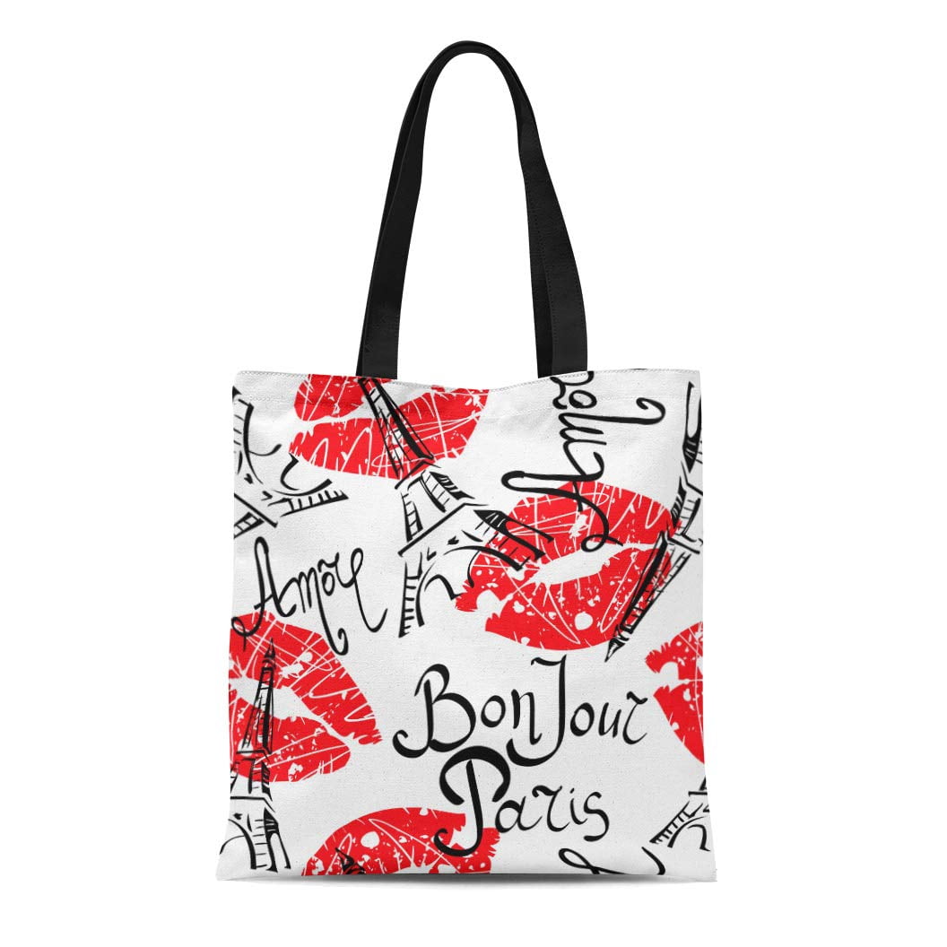 KDAGR Canvas Tote Bag Bonjour Paris Original Calligraphic Fonts Sketch ...