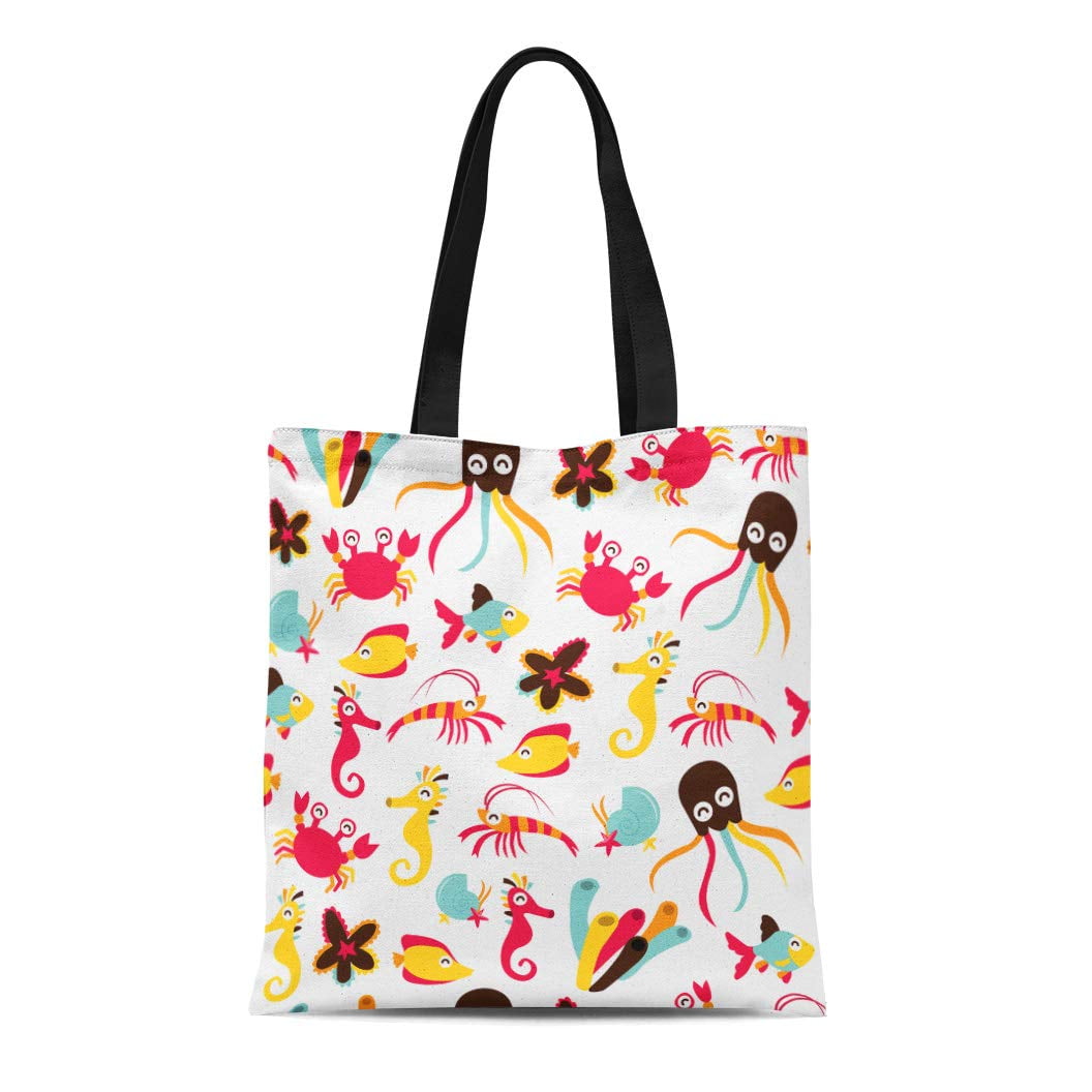 KDAGR Canvas Tote Bag Fish of Cute and Colorful Sea Creatures Whimsical ...
