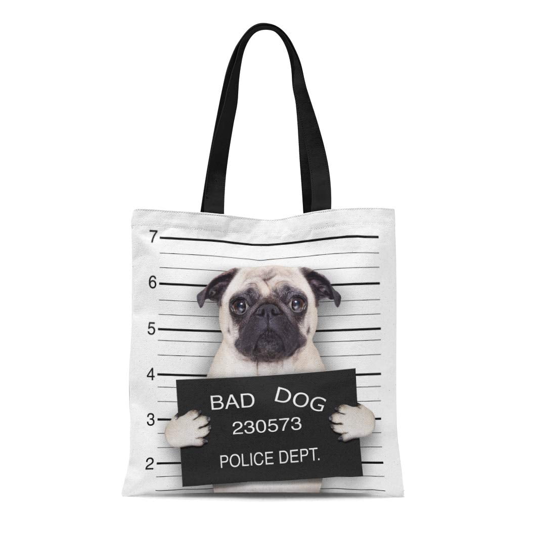 KDAGR Canvas Tote Bag Funny Cute Pug Holding Placard While Mugshot Is ...