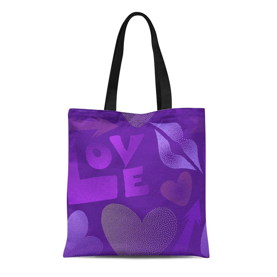 KDAGR Canvas Tote Bag Love Pattern in Purple and Violet Colors Text ...