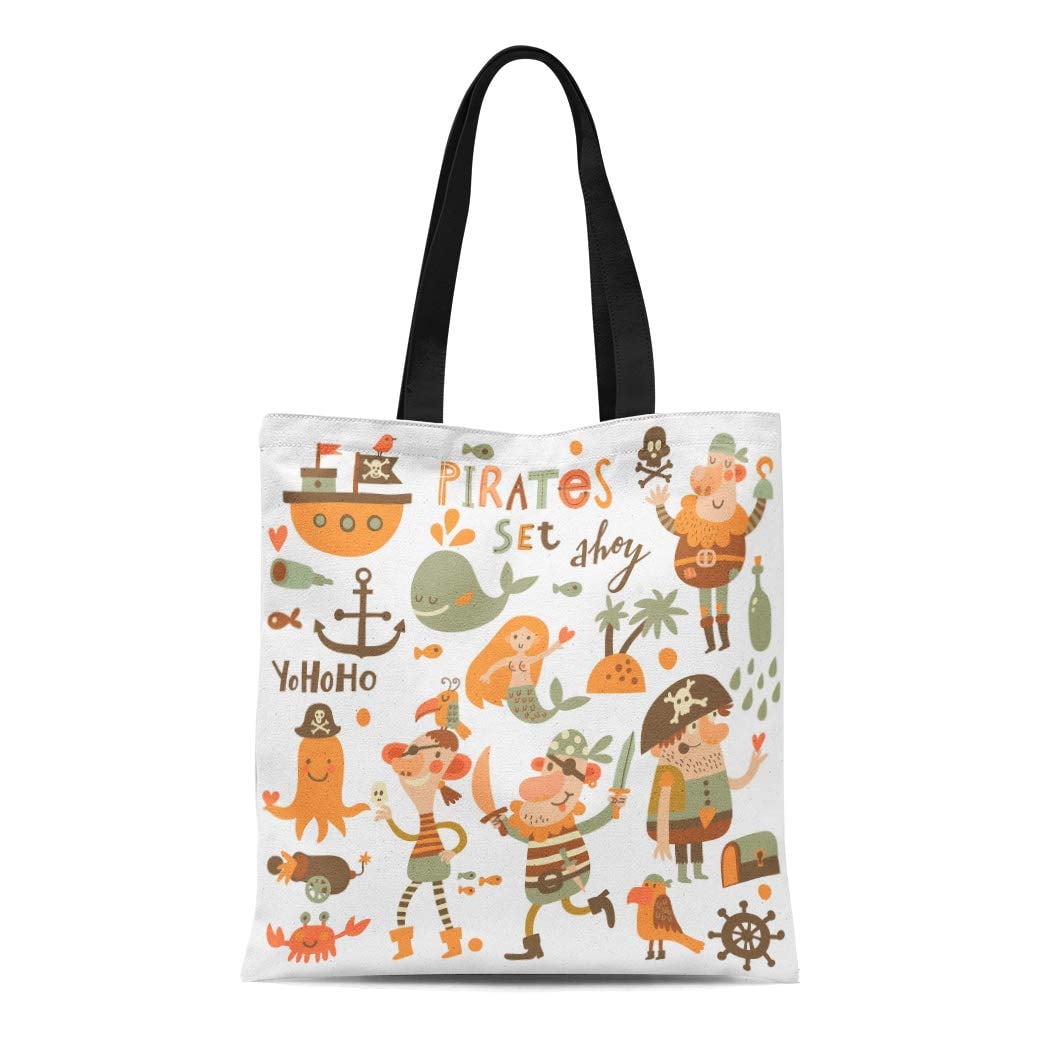 KDAGR Canvas Tote Bag Lovely Pirate in Cartoon Sweet Pirates Ship Whale ...