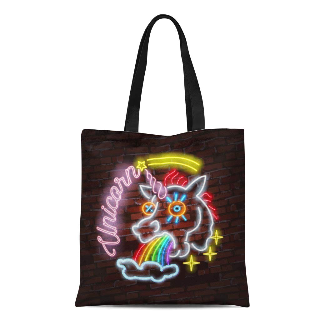 KDAGR Canvas Tote Bag Realistic Neon Retro Sign of Unicorn Covering ...