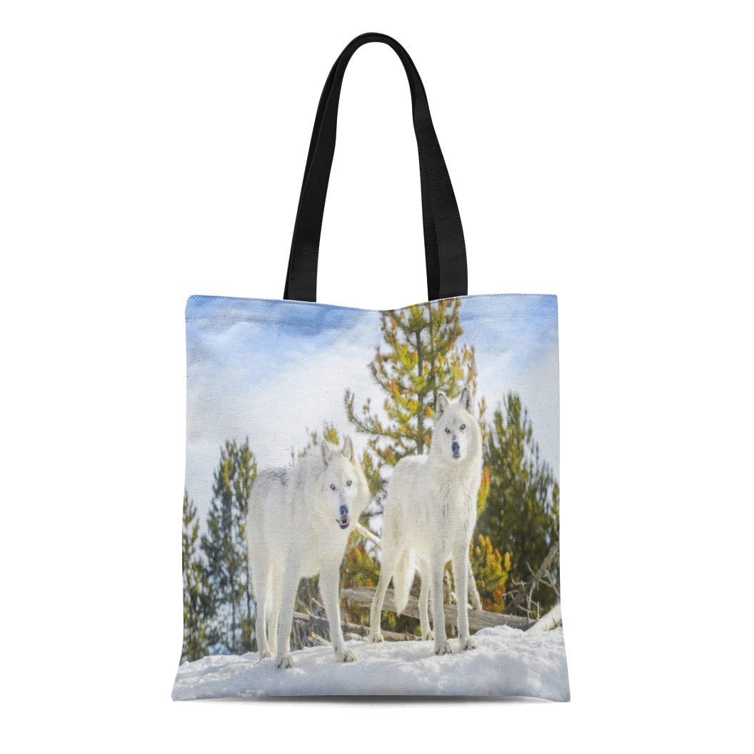 KDAGR Canvas Tote Bag Snow Two Gray Timber Wolf Canis Lupus Walking ...