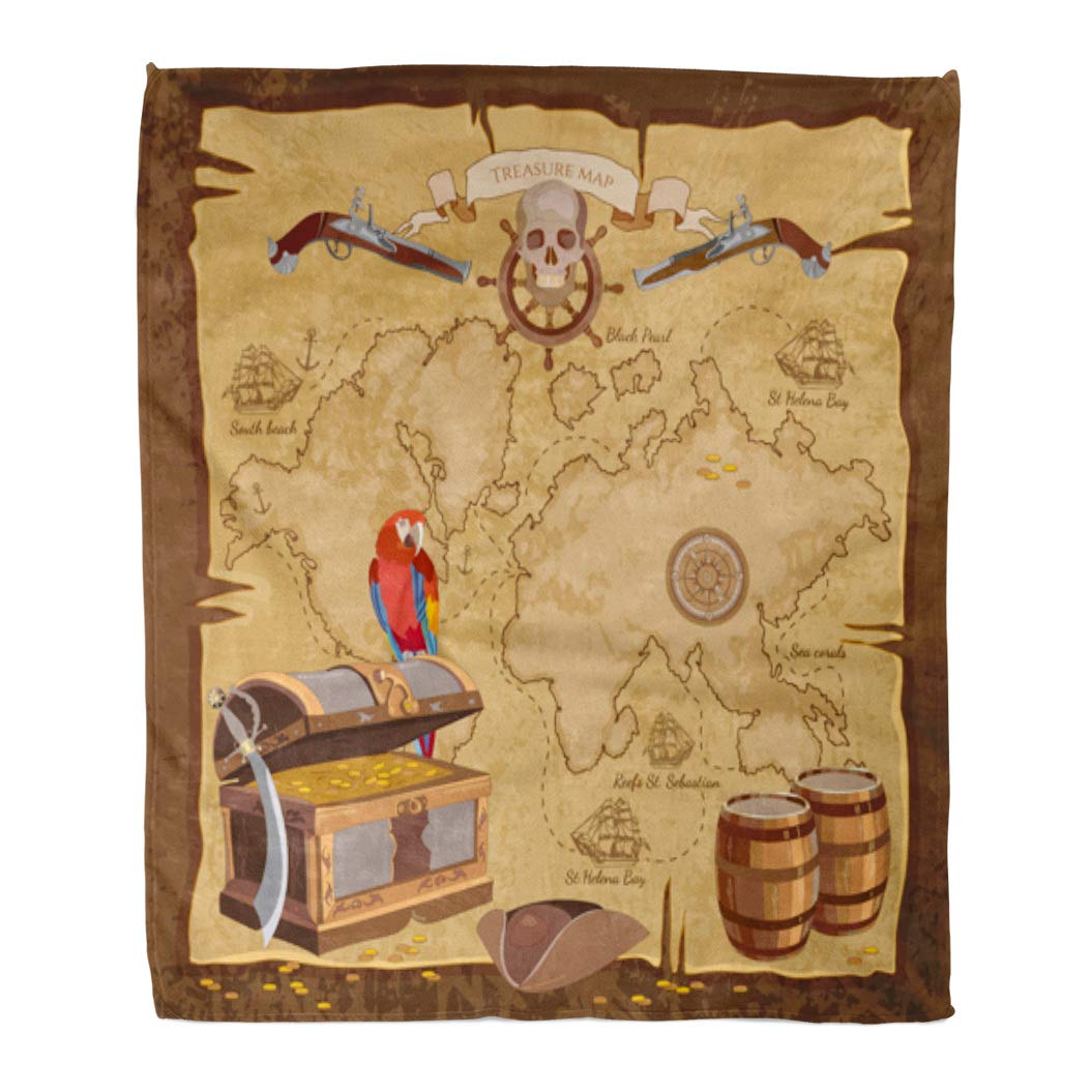 KDAGR Flannel Throw Blanket Game Old Pirate Treasure Map Chest Parrot ...