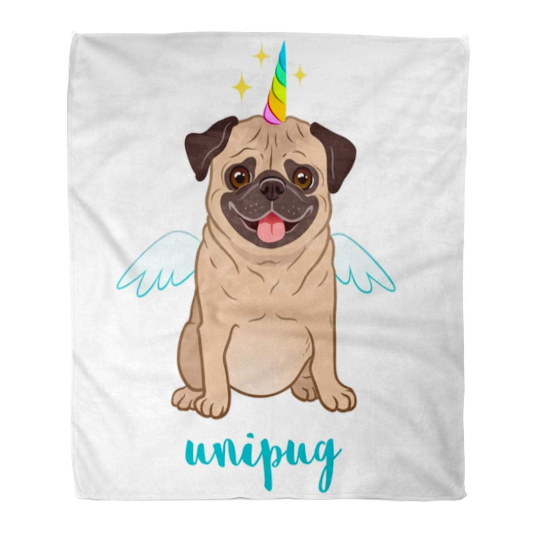 KDAGR Flannel Throw Blanket Unicorn Pug Dog Horn and Wings Cartoon Cute ...
