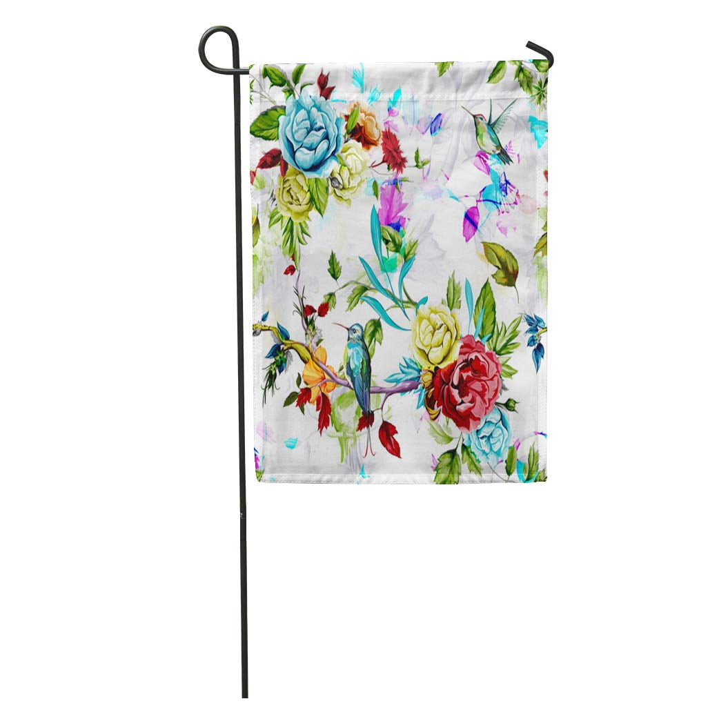 KDAGR Humming Bird Wild Roses Peony Cornflower Leaves on White Abstract ...