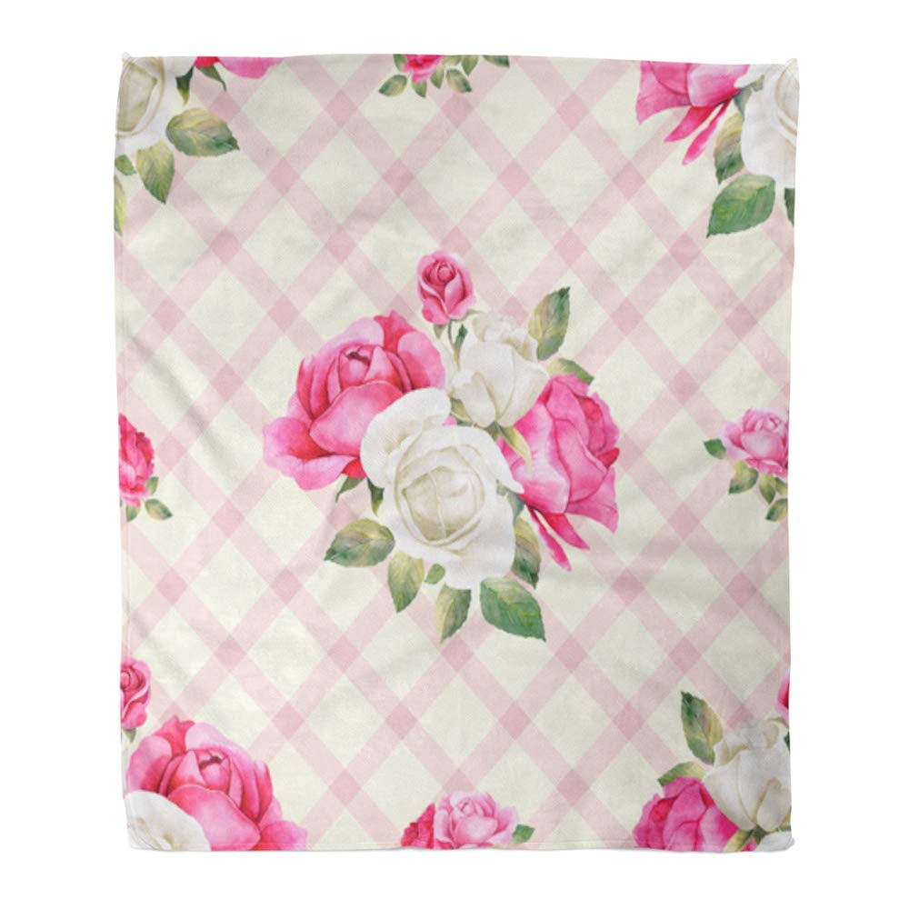 KDAGR Throw Blanket Warm Cozy Print Flannel Blue Flower Pink Roses ...