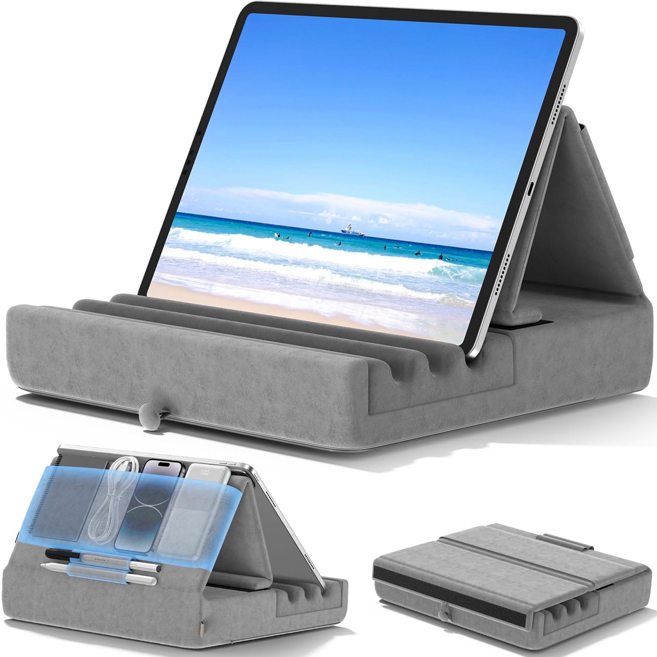 KDD Tablet Pillow Stand, iPad Tablet Stand Foldable Adjustable with Storage Bag & Stylus Mount ...