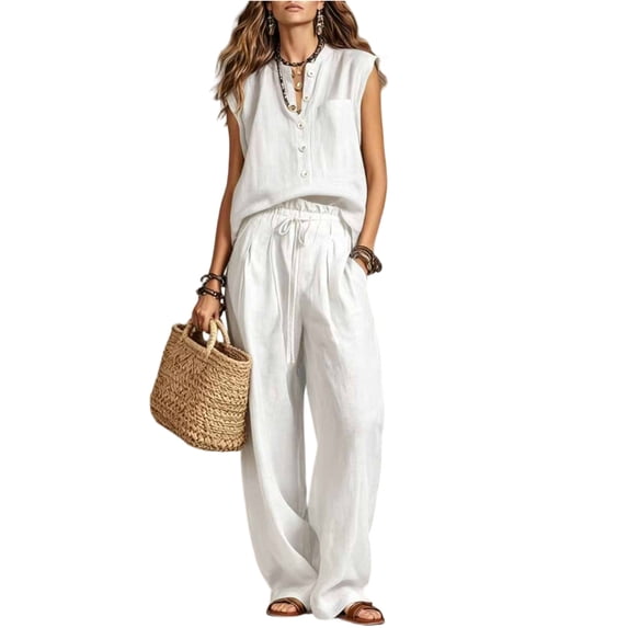 KDDYLITQ 2 Piece Sets for Women Summer Sleeveless V Neck Button Down ...