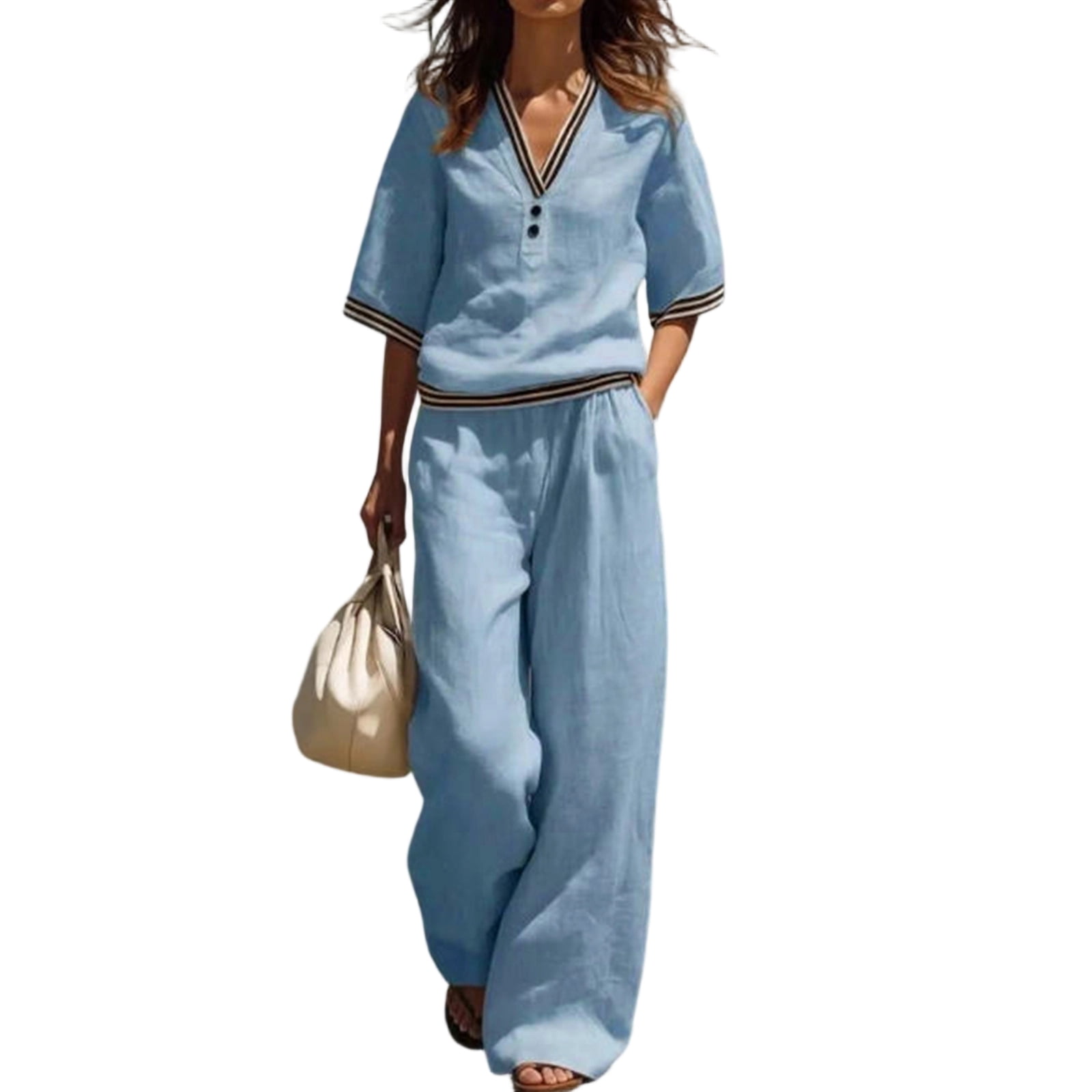 KDDYLITQ 2 Piece Sets for Women Summer Short Sleeve V Neck Button Tops ...