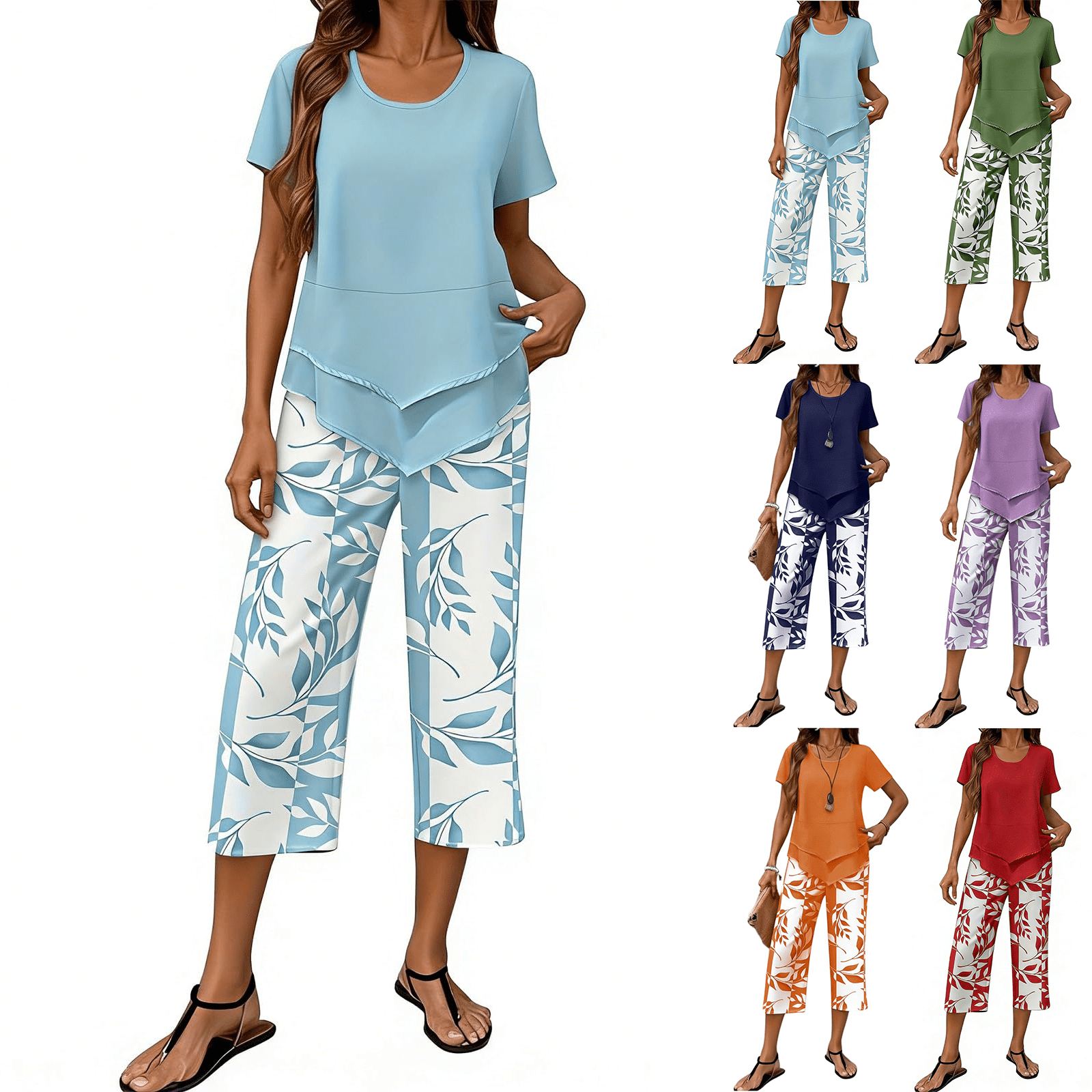 KDDYLITQ Capri Sets Women 2 Piece Outfits Tiered Top and Wide Leg ...