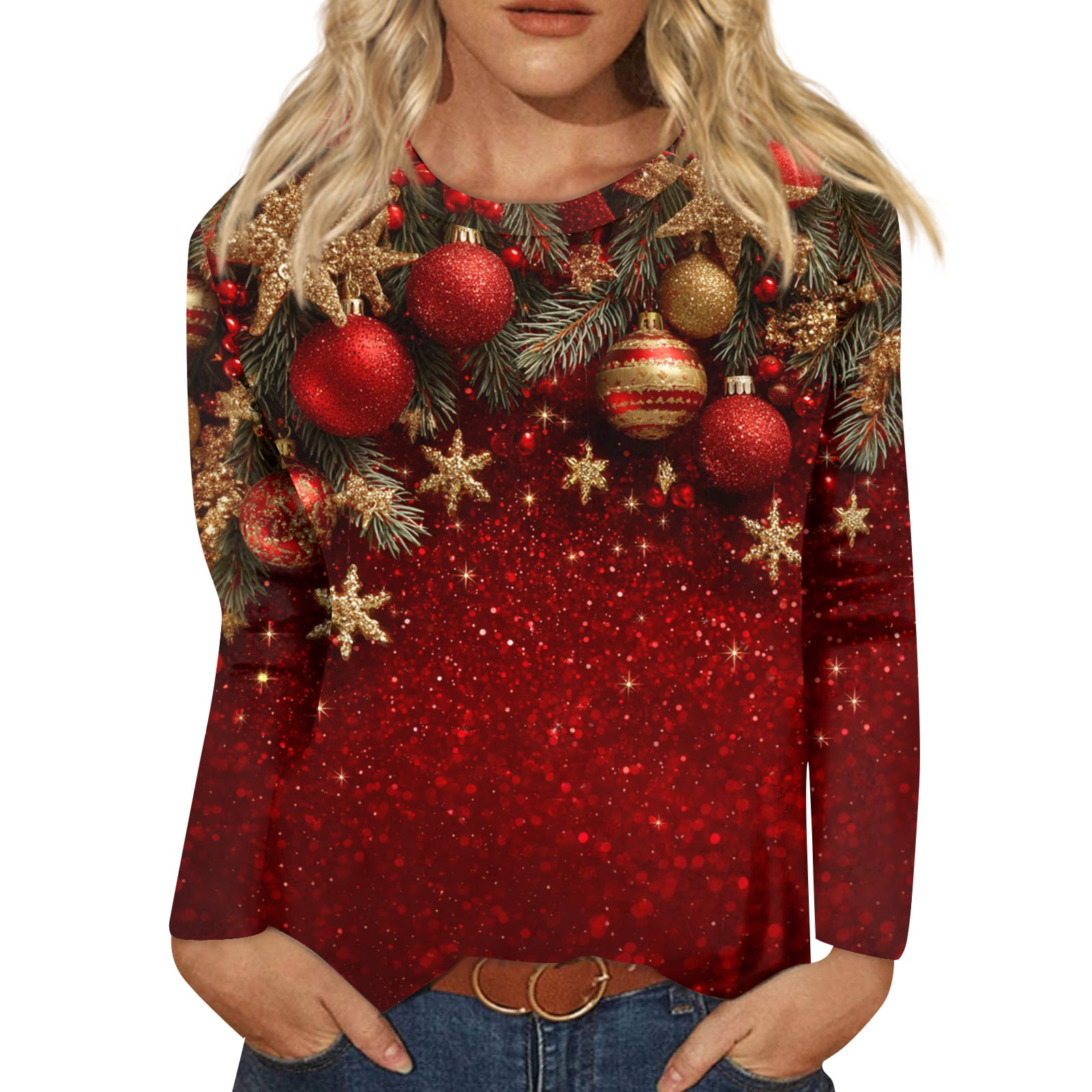 KDDYLITQ Christmas T-Shirt Women Christmas Tree Crew Neck Oversized ...