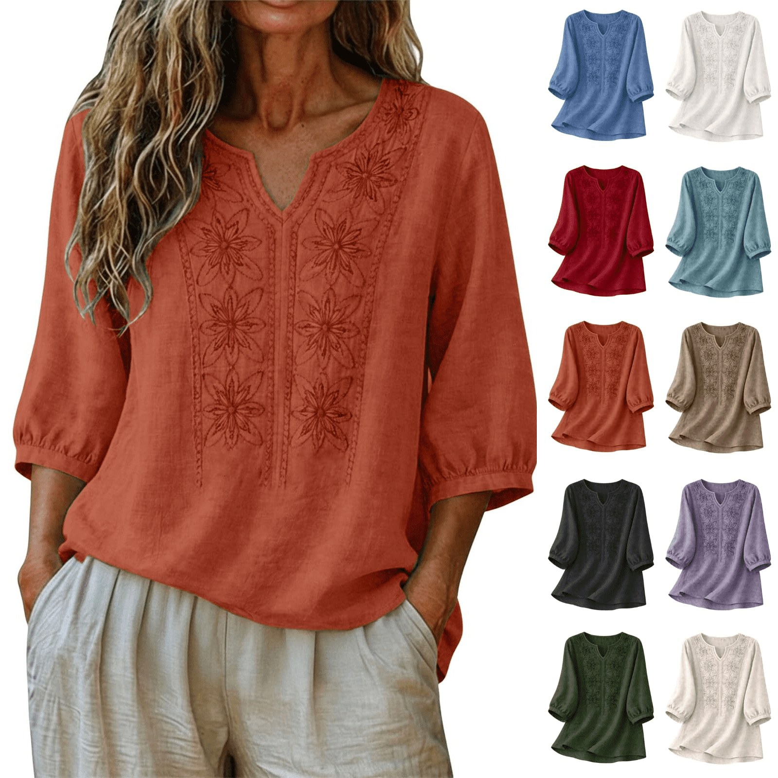 KDDYLITQ Embroidered Tops for Women Cotton Linen 3/4 Sleeve V Neck Boho ...