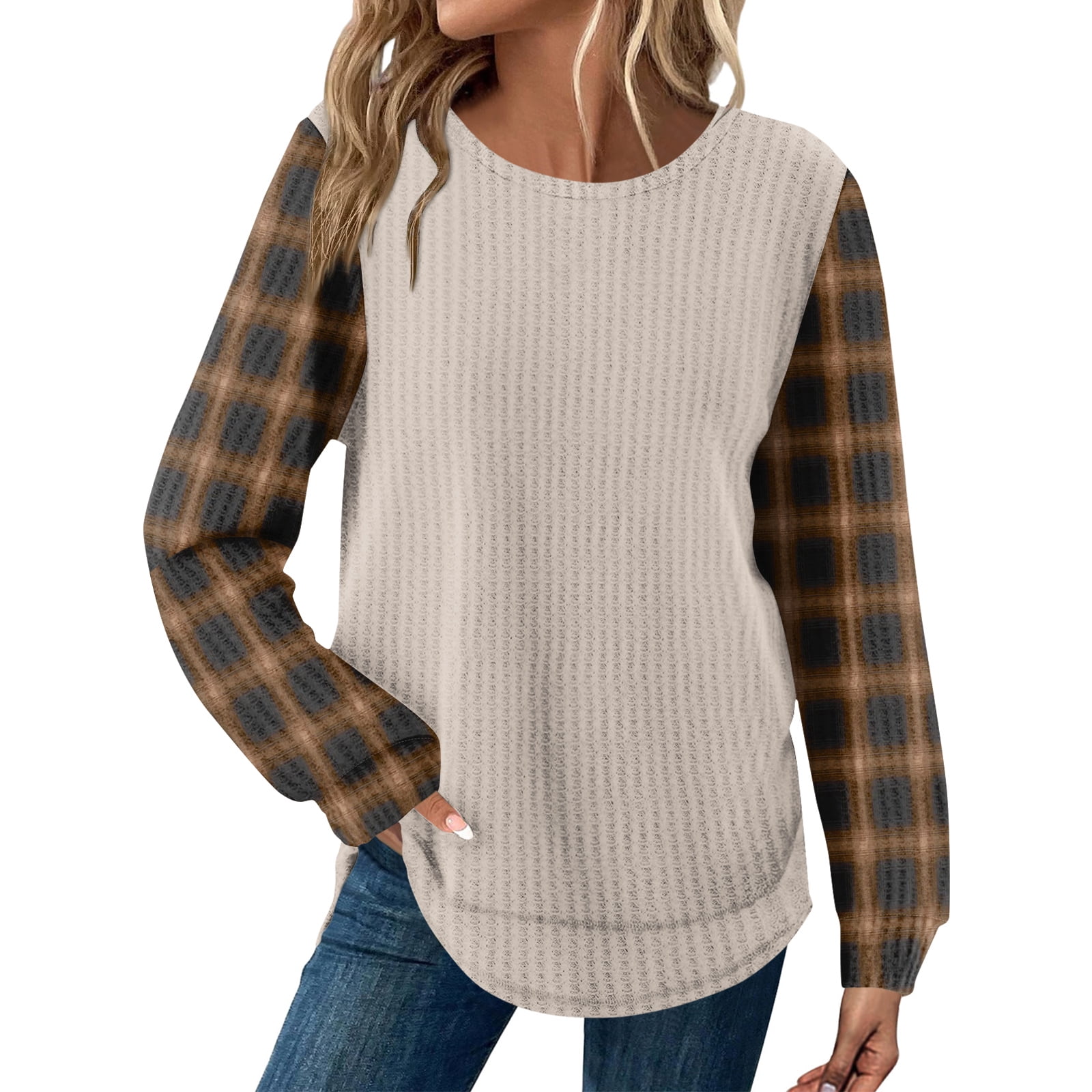KDDYLITQ Knit Shirt for Women Crew Neck Curved Hem Tops Plaid Print ...