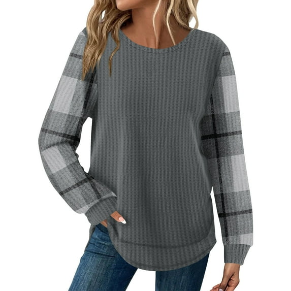 KDDYLITQ Knit Tops Women Plaid Print Color Block Shirt Long Sleeve ...