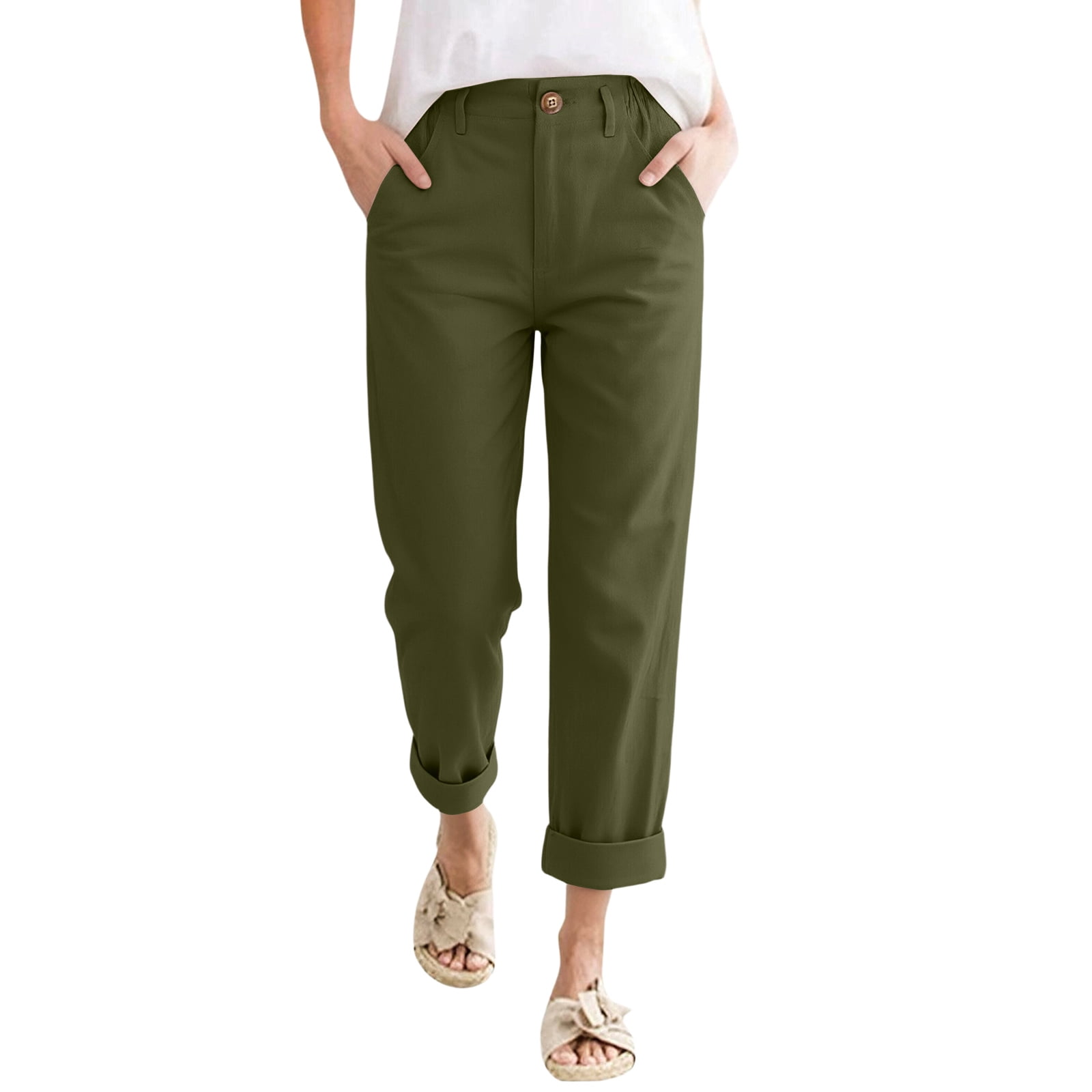 KDDYLITQ Linen Pants Women Casual High Waisted Straight Leg Button ...