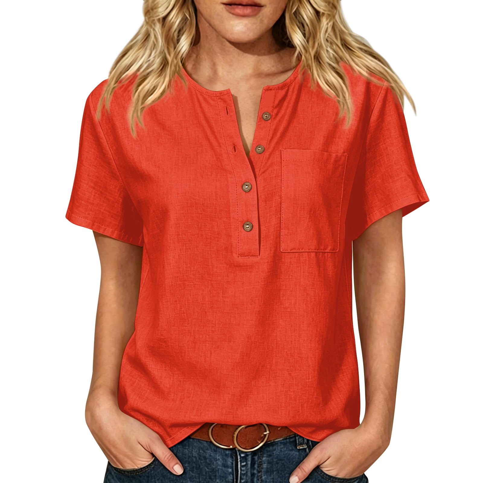 KDDYLITQ Linen Tops for Women Summer Short Sleeve Loose Fit Button V ...