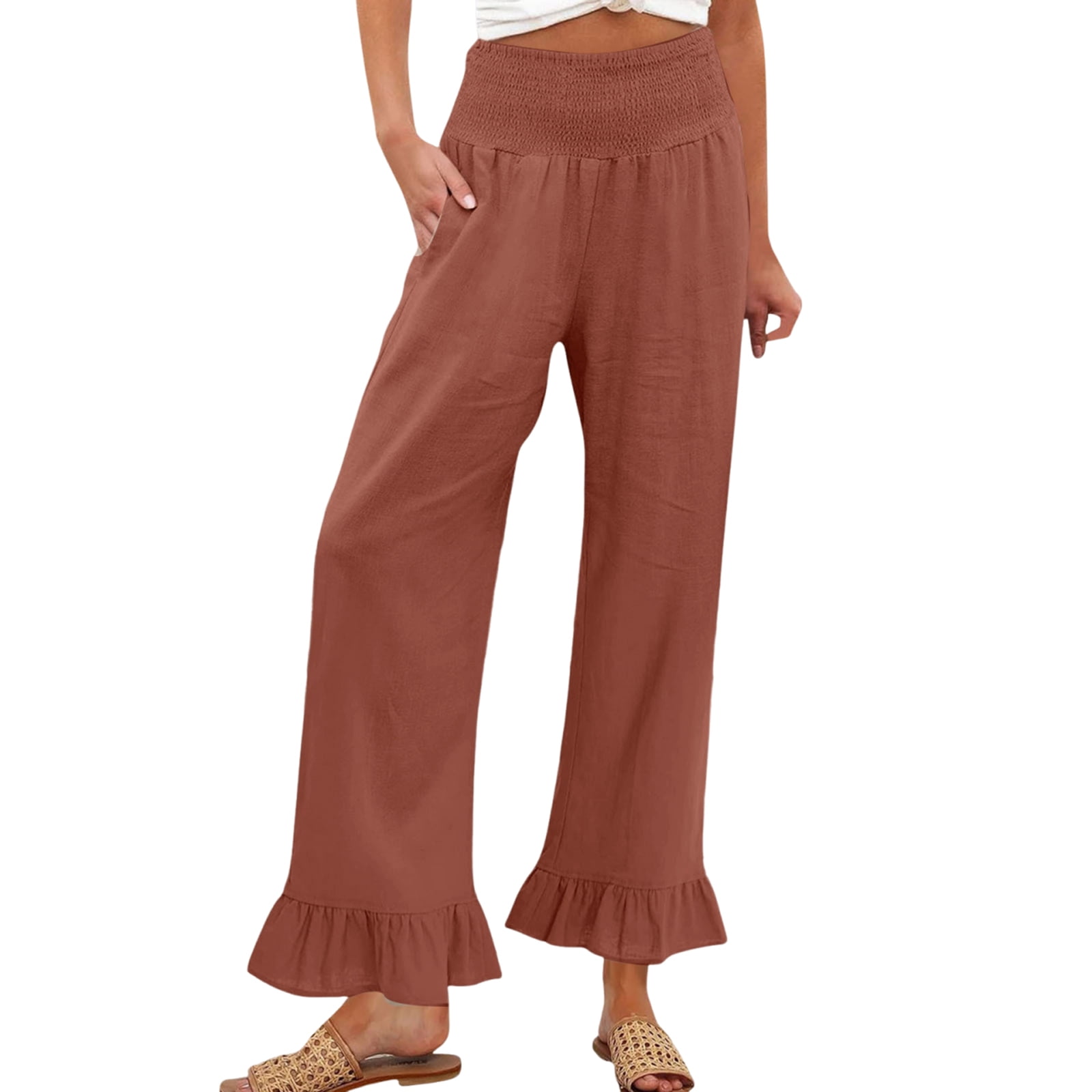 KDDYLITQ Linen Trousers Women Ruffle Hem Long Pants Smocked Wide Leg ...