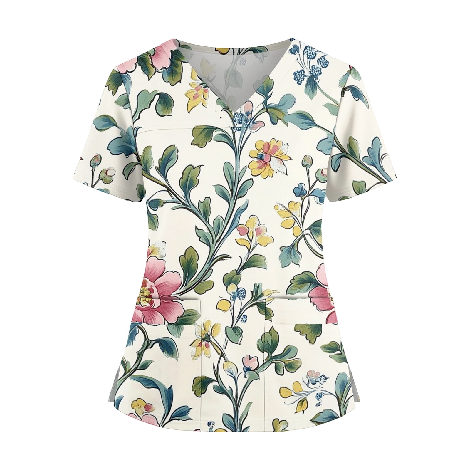 KDDYLITQ Scrub Tops Women Floral Printed Stretch Plus Size Nurse Scrubs ...