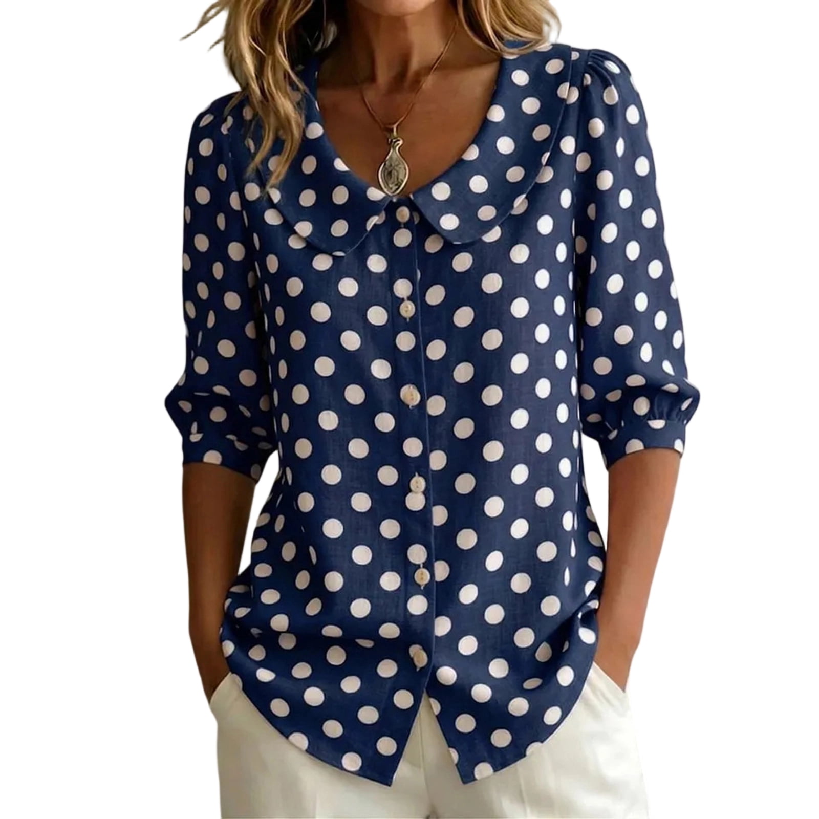 KDDYLITQ Shirts for Women 2026 Summer Collar Half Sleeve Polka Dot Tops ...