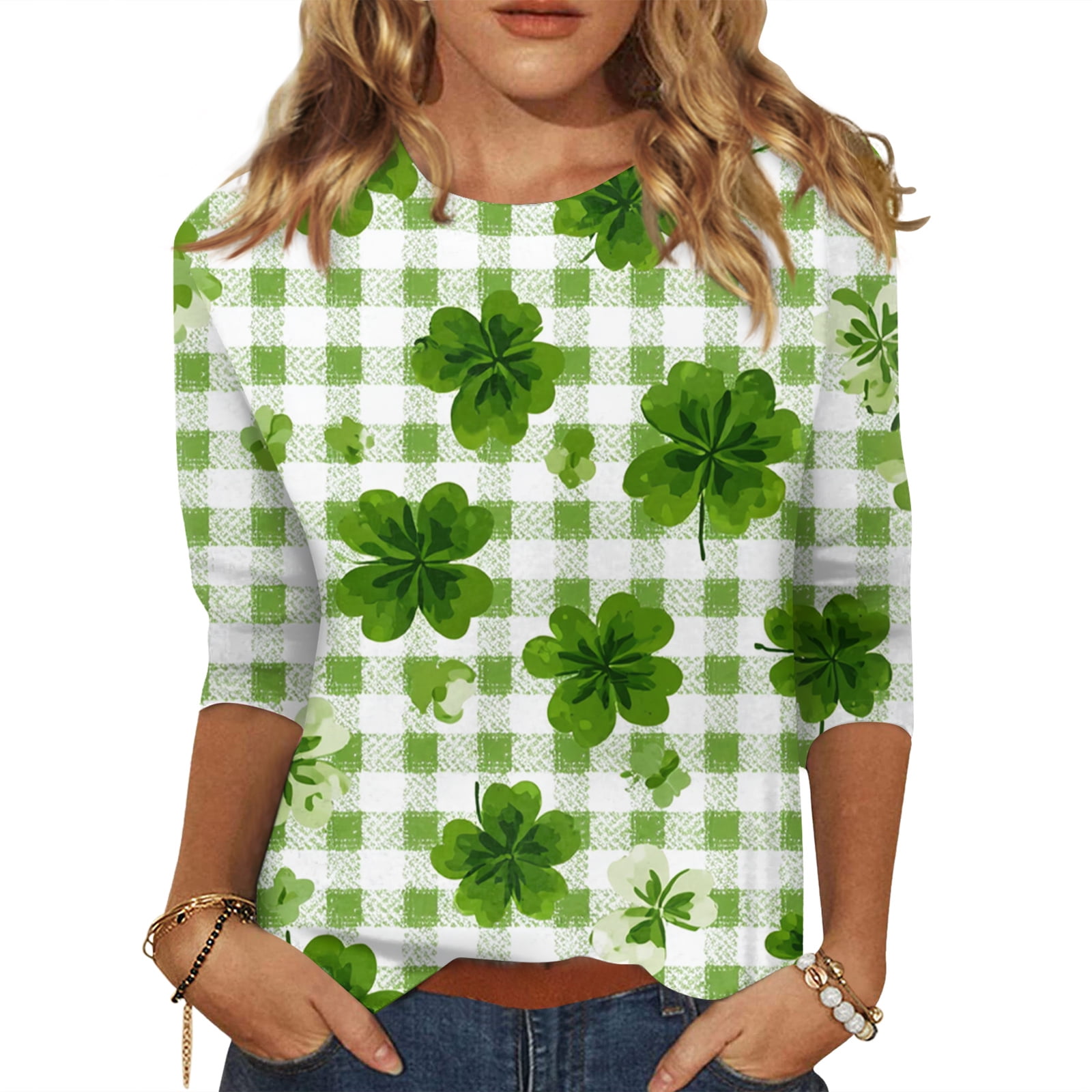 KDDYLITQ St Patricks Day Shirt Women 3/4 Sleeve Crew Neck Tops Green ...