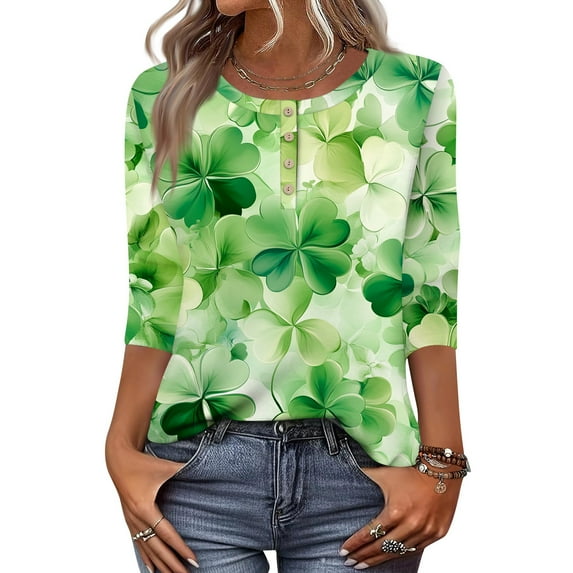 KDDYLITQ St Patricks Day Tops Women 3/4 Sleeve Button Shirt Crew Neck ...