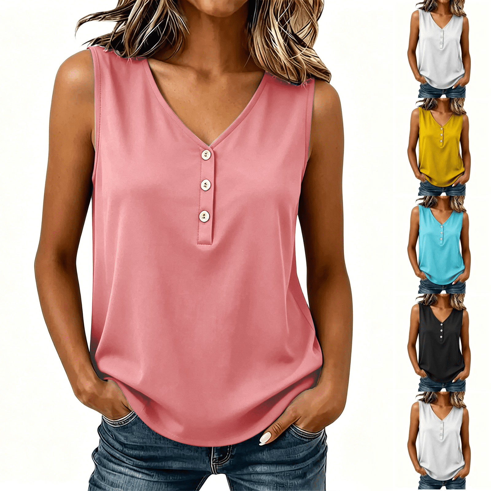 KDDYLITQ Tank Tops for Women Summer V Neck Sleeveless Button Loose Fit ...