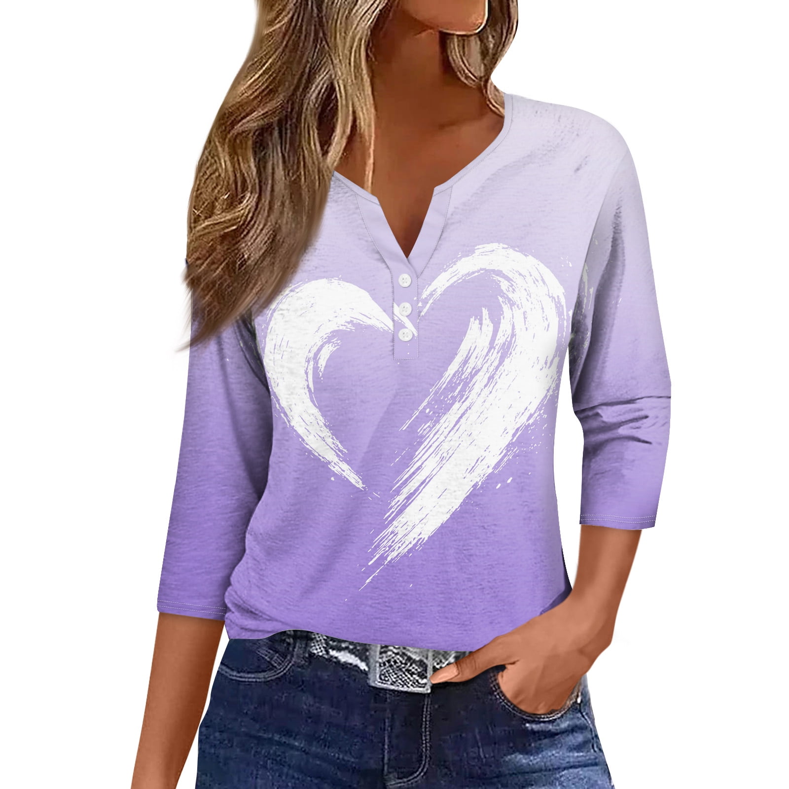 KDDYLITQ Valentine Shirts for Women Henley Neck Three Quarter Sleeve ...