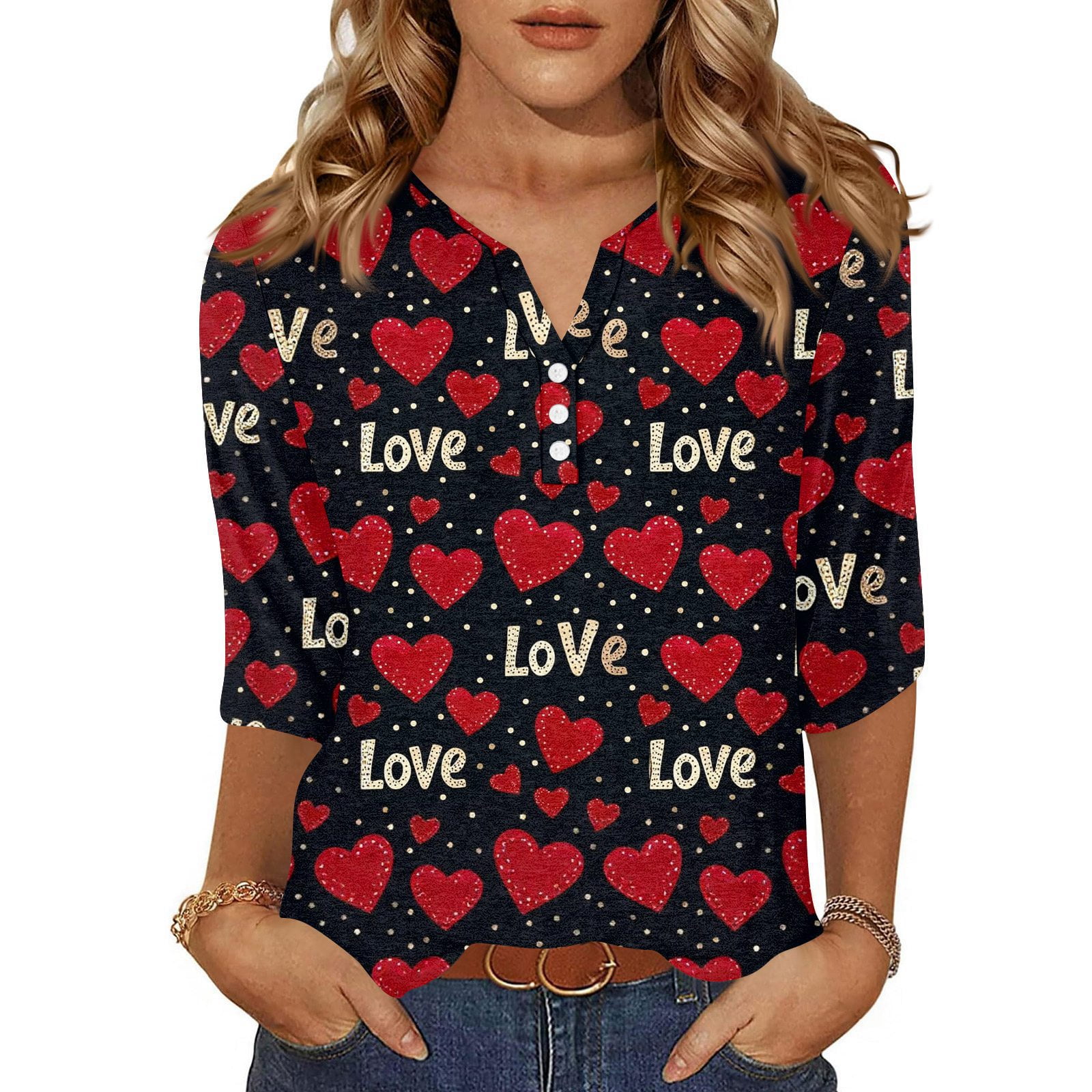 KDDYLITQ Valentine Tops for Women Henley Neck Three Quarter Sleeve ...