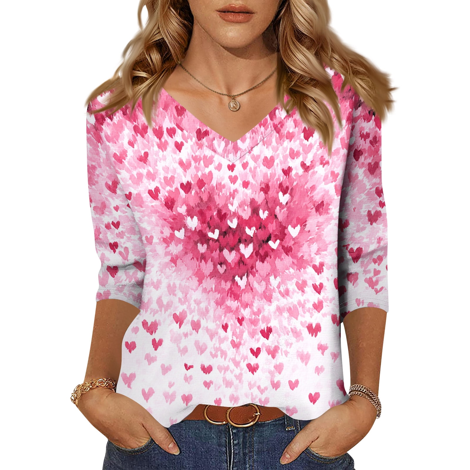 KDDYLITQ Valentine Tops for Women 3/4 Length Sleeve V Neck Shirts Love ...