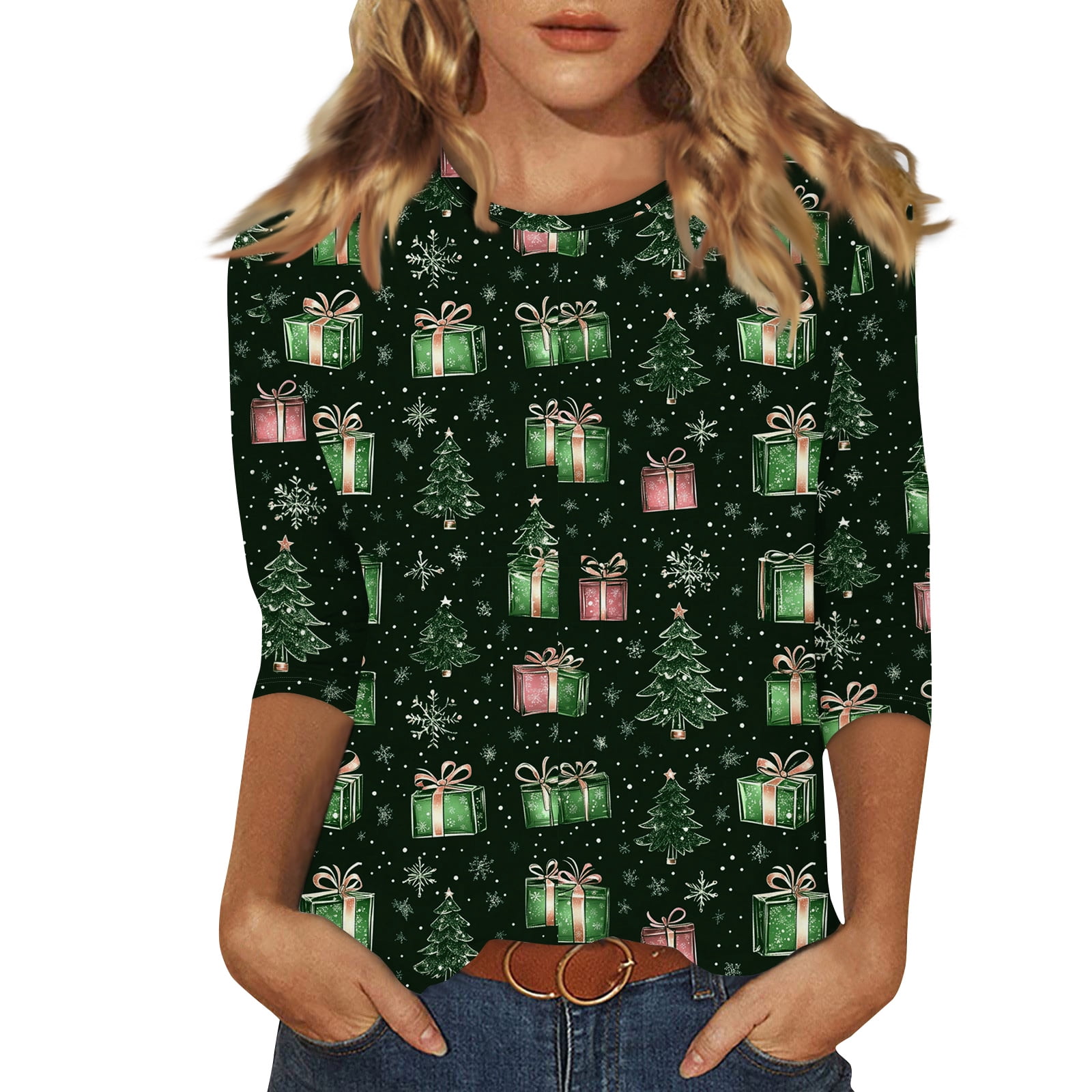 KDDYLITQ Women Christmas Shirt Christmas Tree Red with Green Oversized ...