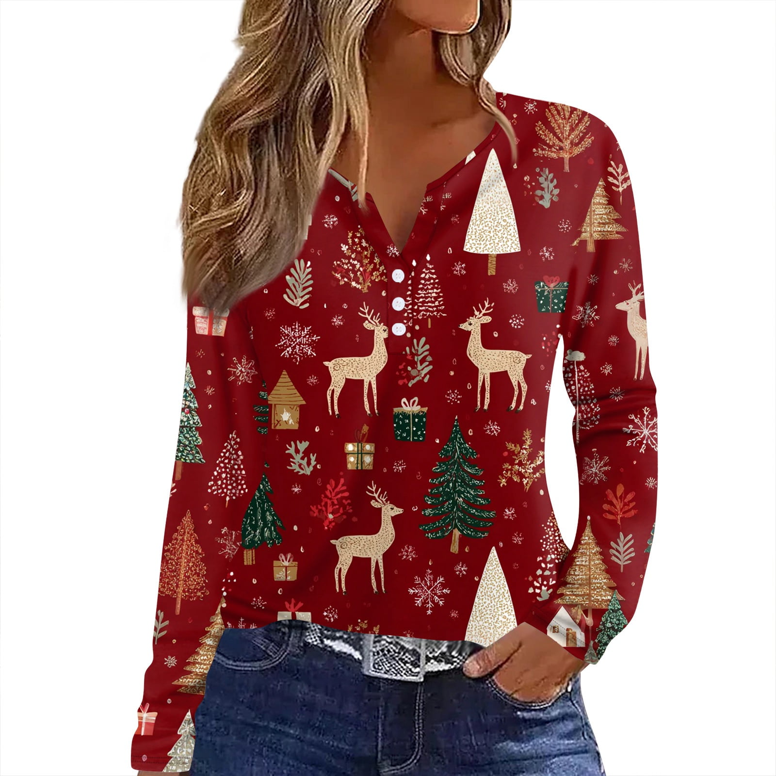 KDDYLITQ Women Christmas Shirts Christmas Tree Button Down Plus Size ...