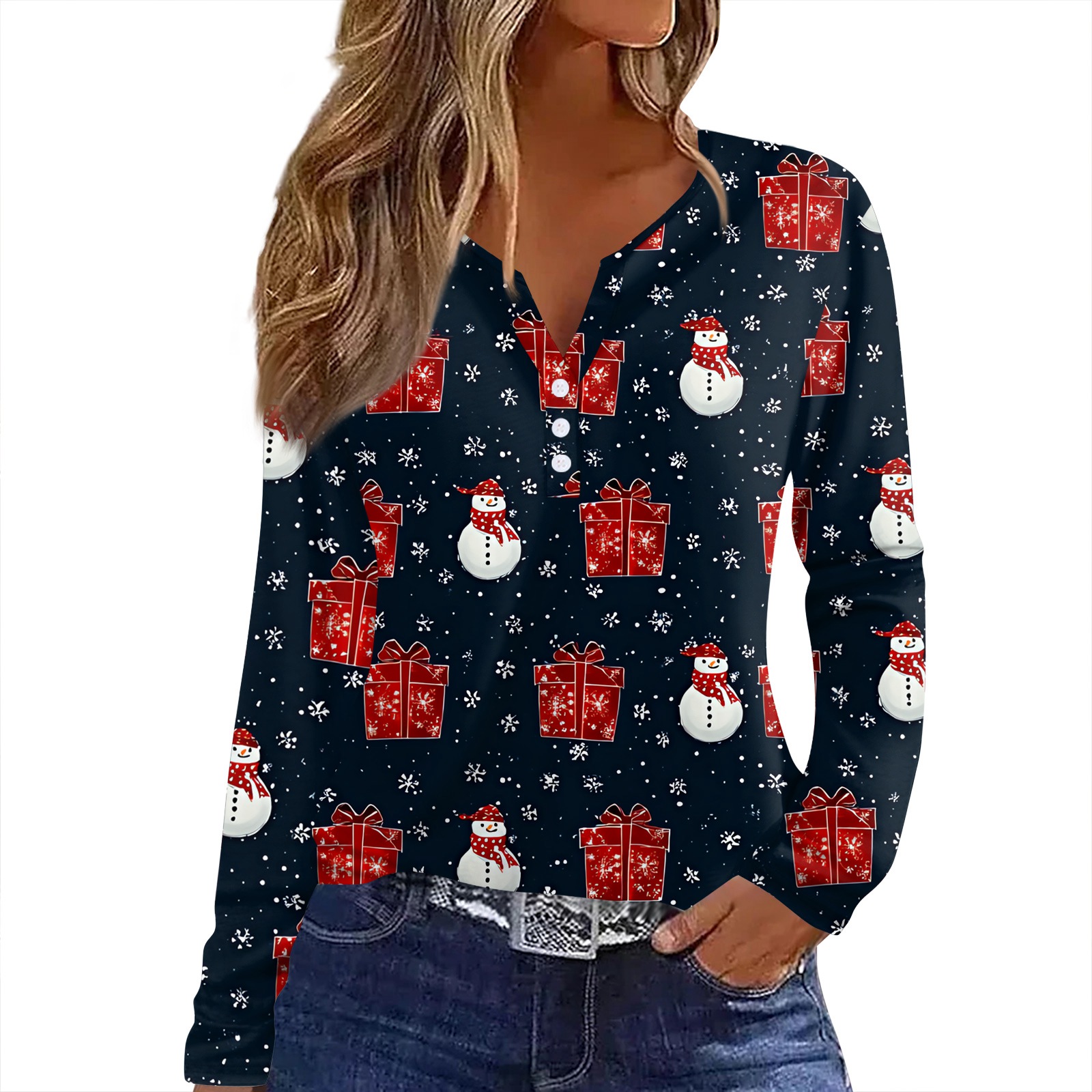 KDDYLITQ Women Christmas Shirts Santa Claus Button Down Oversized Tops ...
